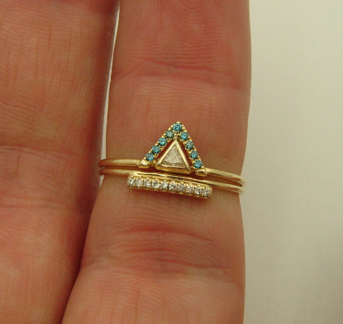 Engagement Triangle Diamond and Blue Diamonds Ring With - Etsy UK