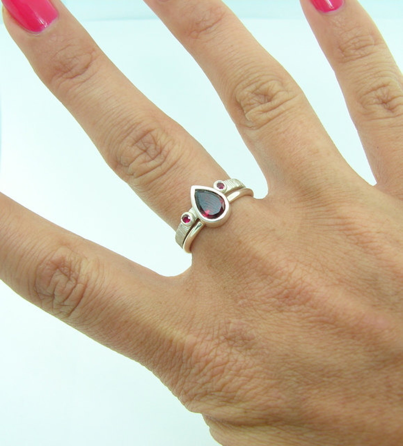 Pear Garnet Ring & Ruby Ring Wedding Set 925 Sterling - Etsy
