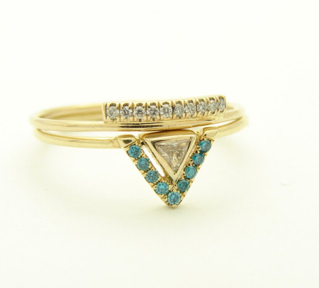 Engagement Triangle Diamond and Blue Diamonds Ring With Wedding ...