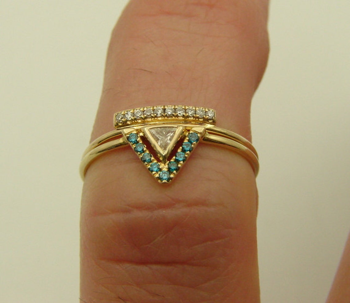 Engagement Triangle Diamond and Blue Diamonds Ring With - Etsy