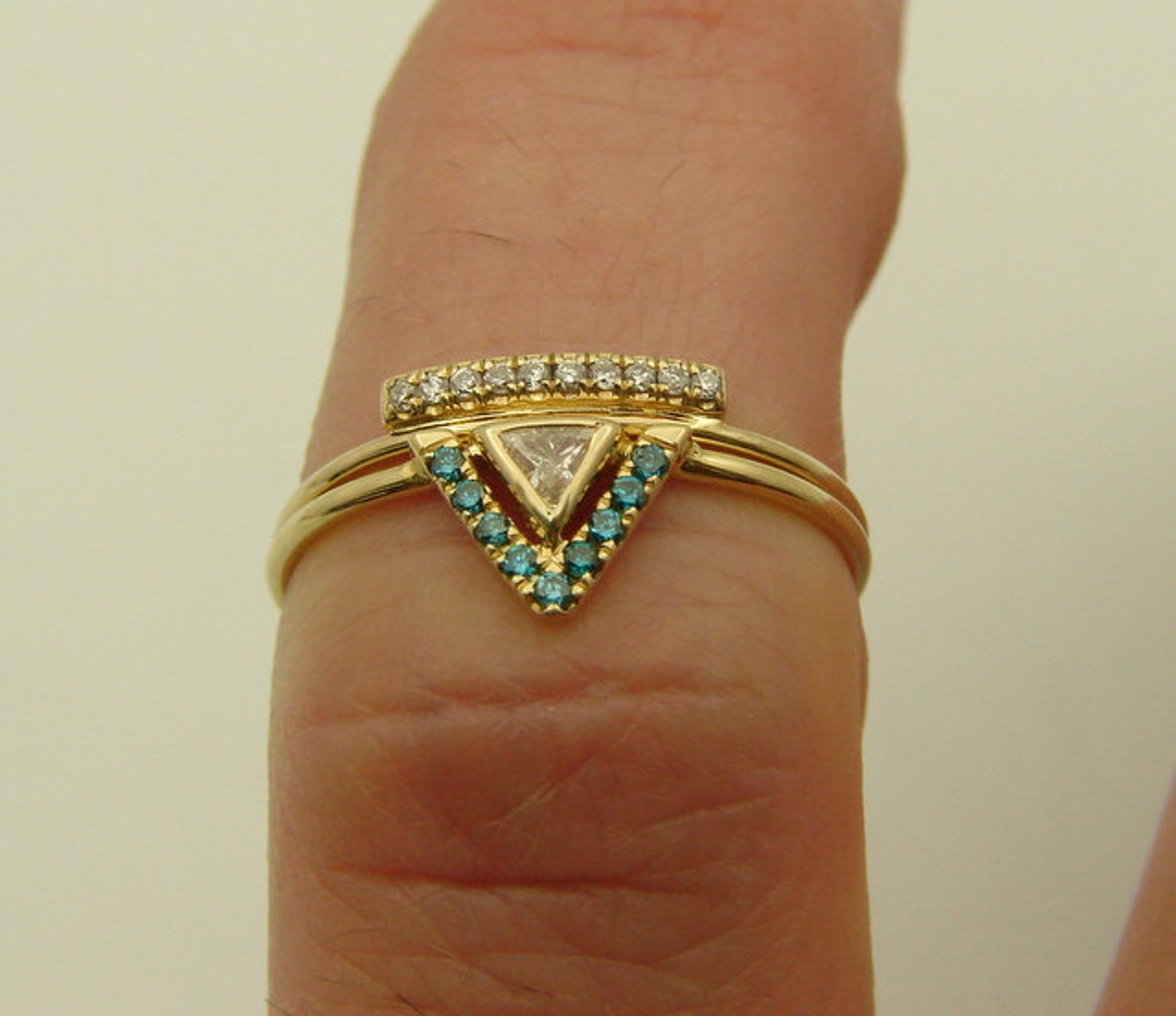 Engagement Triangle Diamond and Blue Diamonds Ring With - Etsy UK
