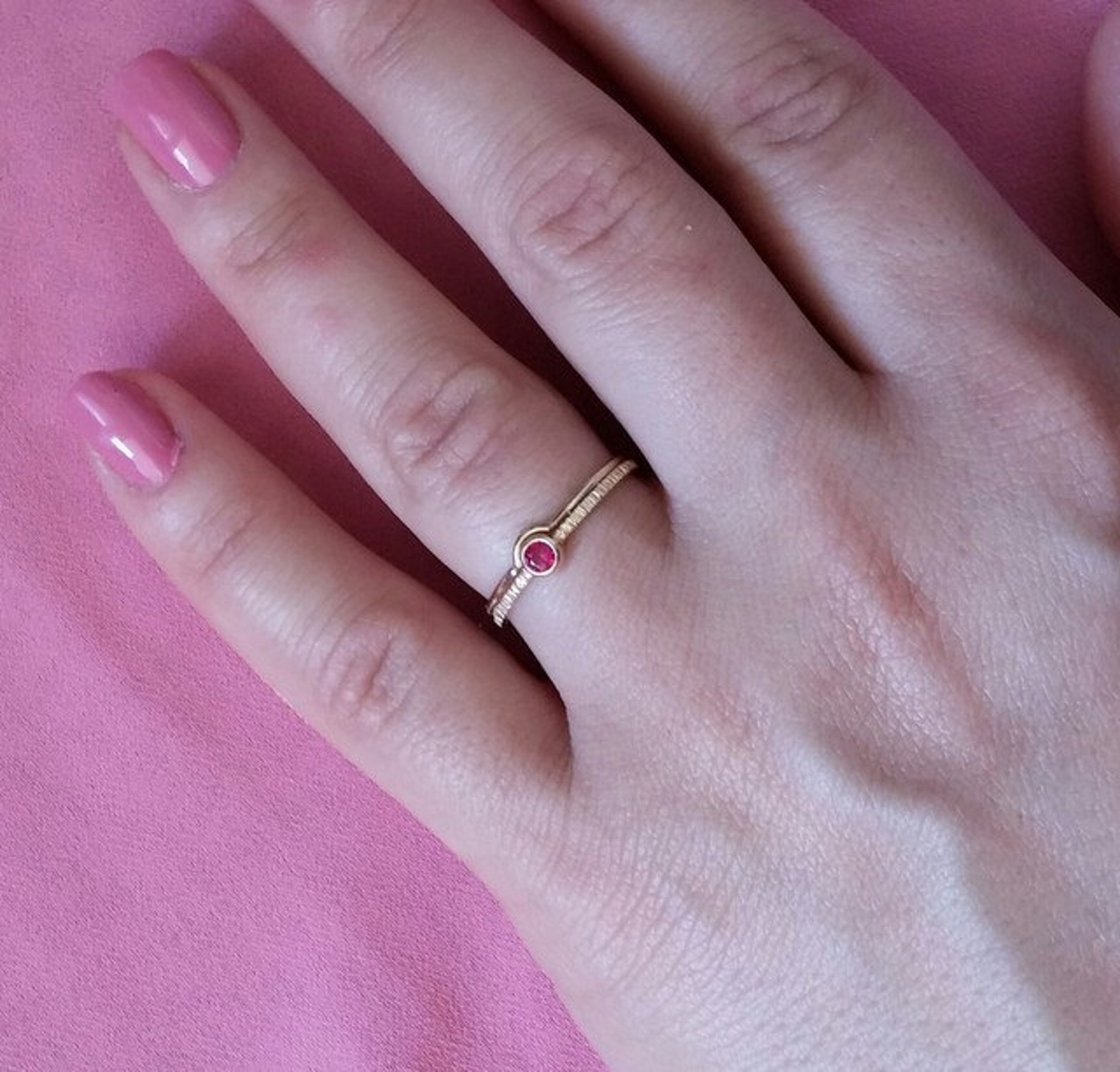 Wedding Set Ruby Ring With Thin Simple Gold Ring 14k Gold | Etsy