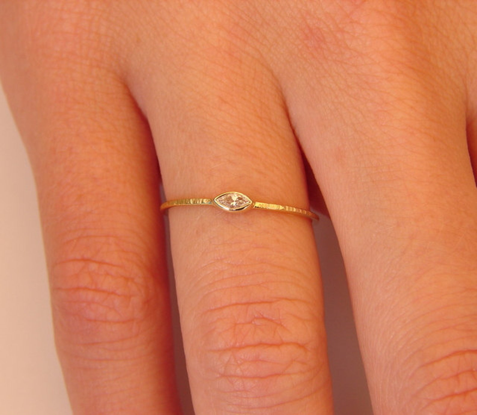 Delicate Diamond Ring 14k Gold Hammered Ring Marquise - Etsy