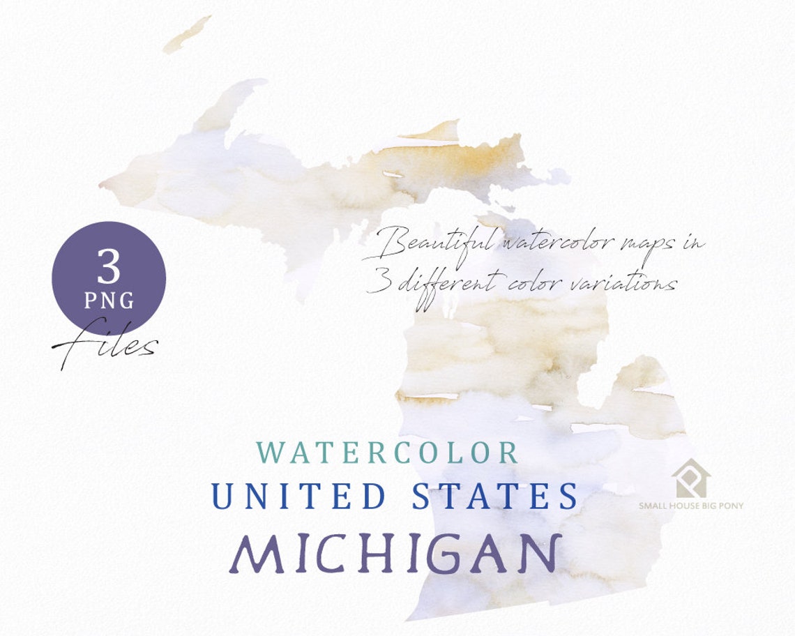 Michigan Map, Watercolor Map, Digital Map, Map Clipart, Wall Art, Color ...