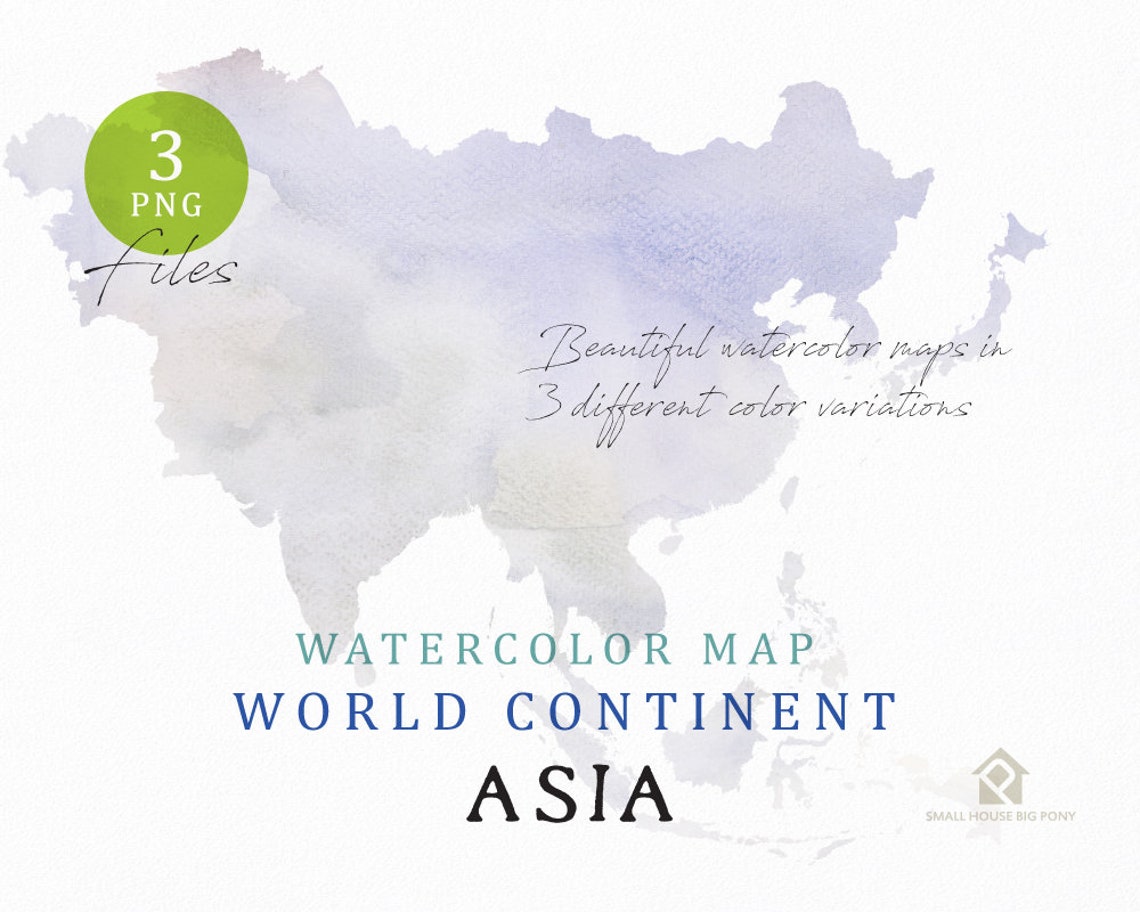 Asia - Continent Map, Watercolor Map, Digital Map, Map Clipart, Wall ...