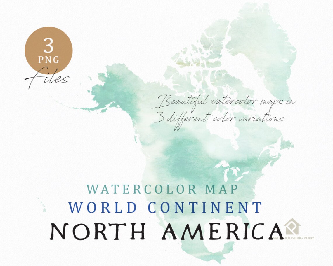 North America - Continent Map, Watercolor Map, Digital Map, Map Clipart ...