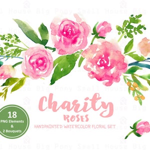 Digital Clipart- Watercolor Flower Clipart, Pink Roses Clip Art, Floral ...