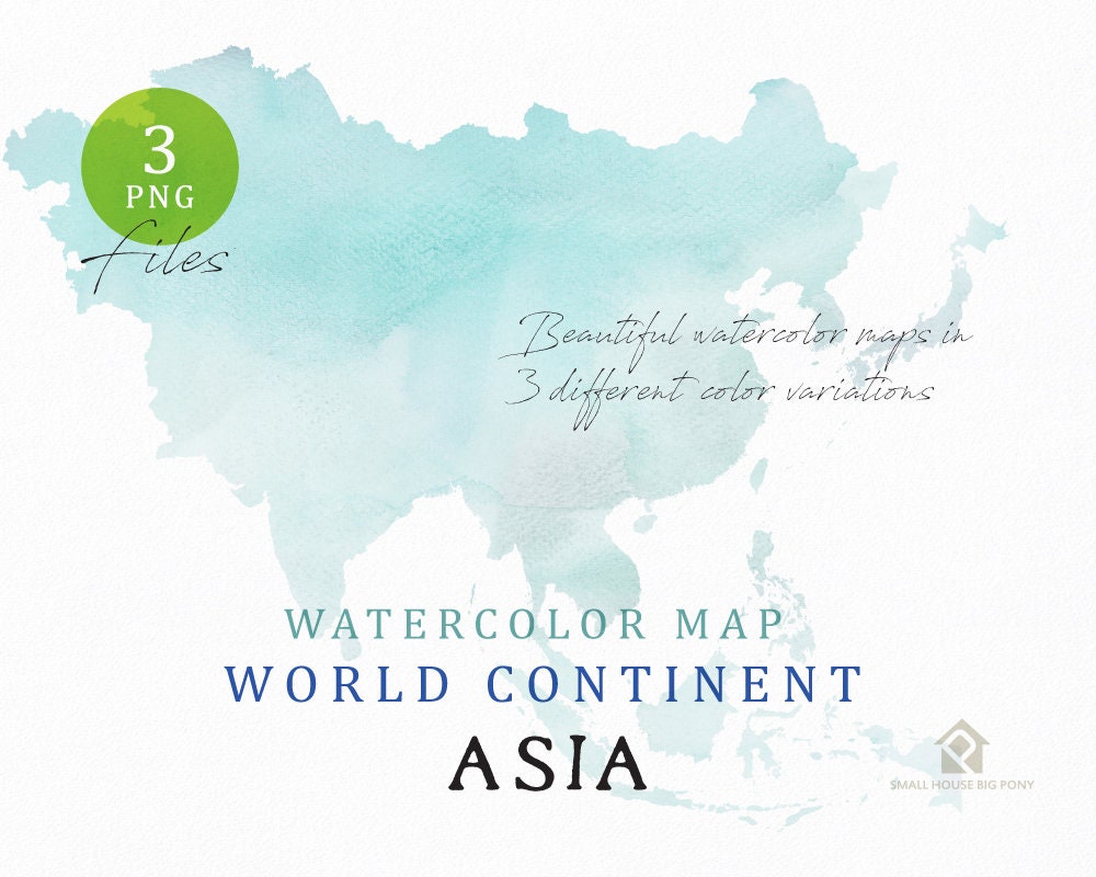 Asia Continent Map Watercolor Map Digital Map Map | Etsy