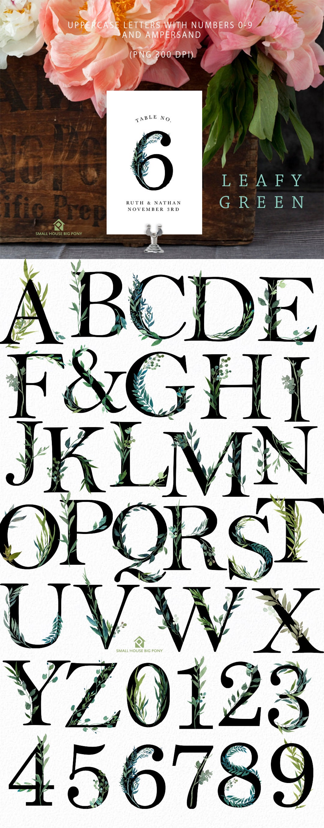 UPPERCASE Floral Alphabets, Numbers and Ampersand- Leafy Green Alphabet ...