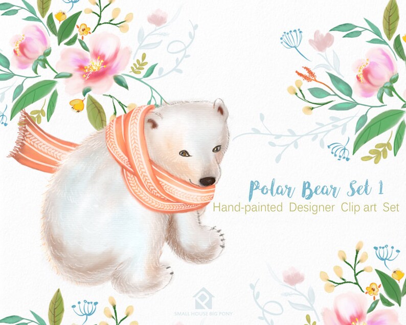 Digital Clipart- Watercolor Flower Clipart, Polar Bear Clip Art, Floral ...