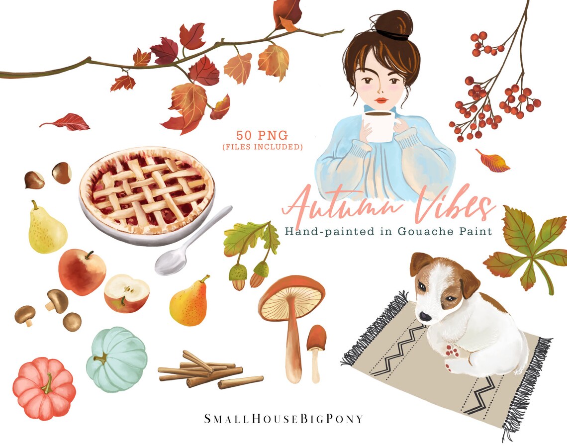 Autumn Vibes Autumn Clip Art Set Colorful Pumpkins Dog - Etsy
