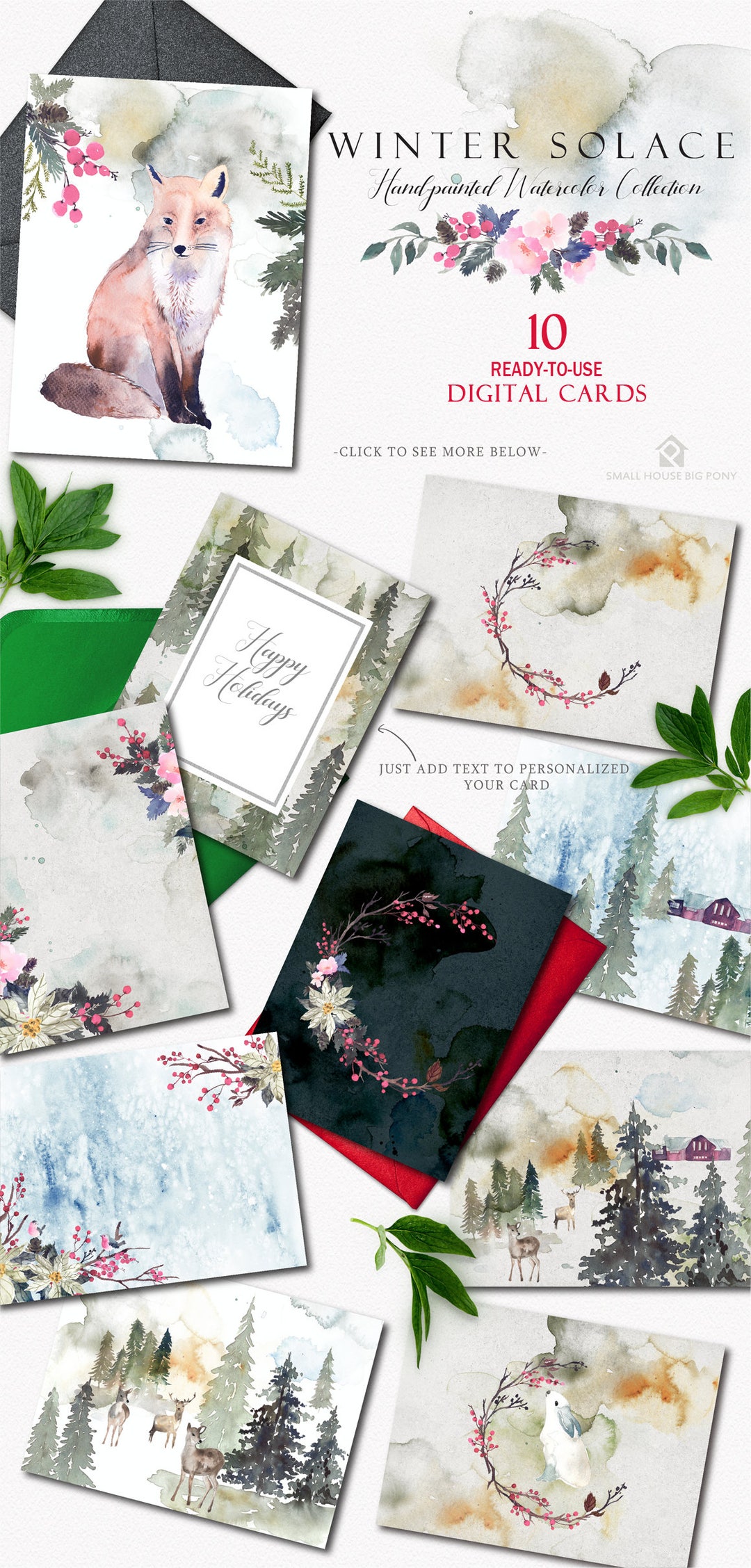 Digital Holiday Cards - Instant Download Hand-painted Watercolor ...