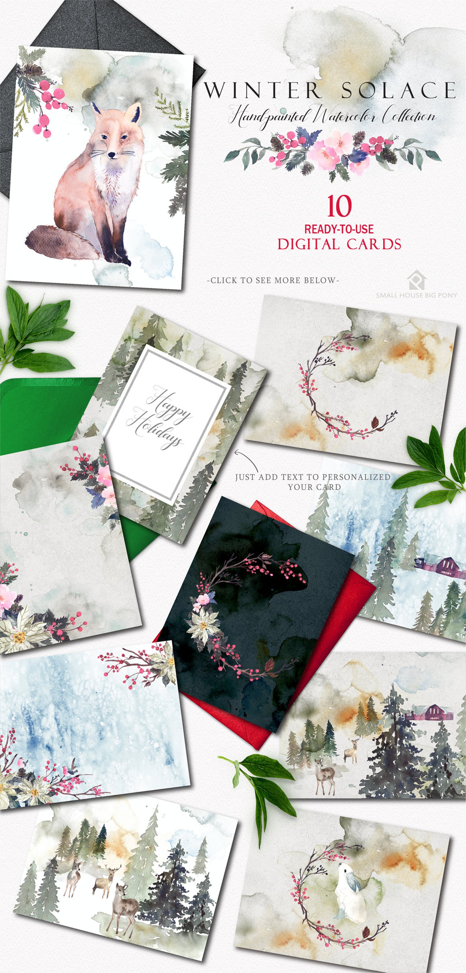Digital Holiday Cards - Instant Download Hand-painted Watercolor ...
