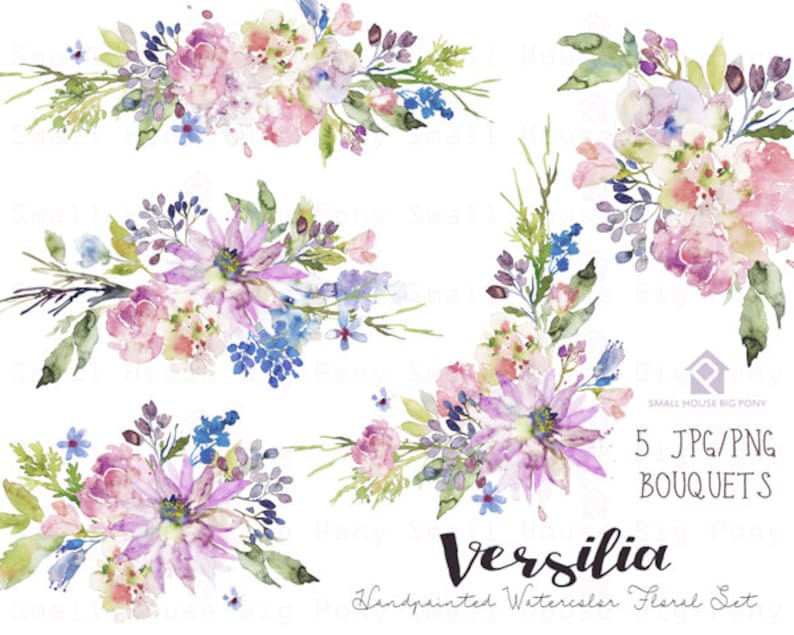 Watercolour Flower Clip Art Collection - Hand Painted Graphics, Purple ...