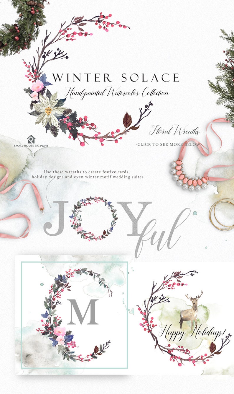 Digital Clipart- Watercolor Flower Clipart, Flower Wreath - Winter ...
