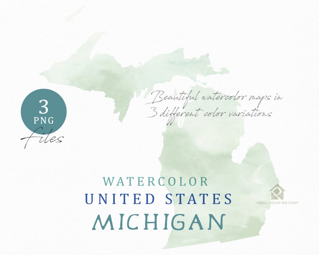 Michigan Map, Watercolor Map, Digital Map, Map Clipart, Wall Art, Color ...