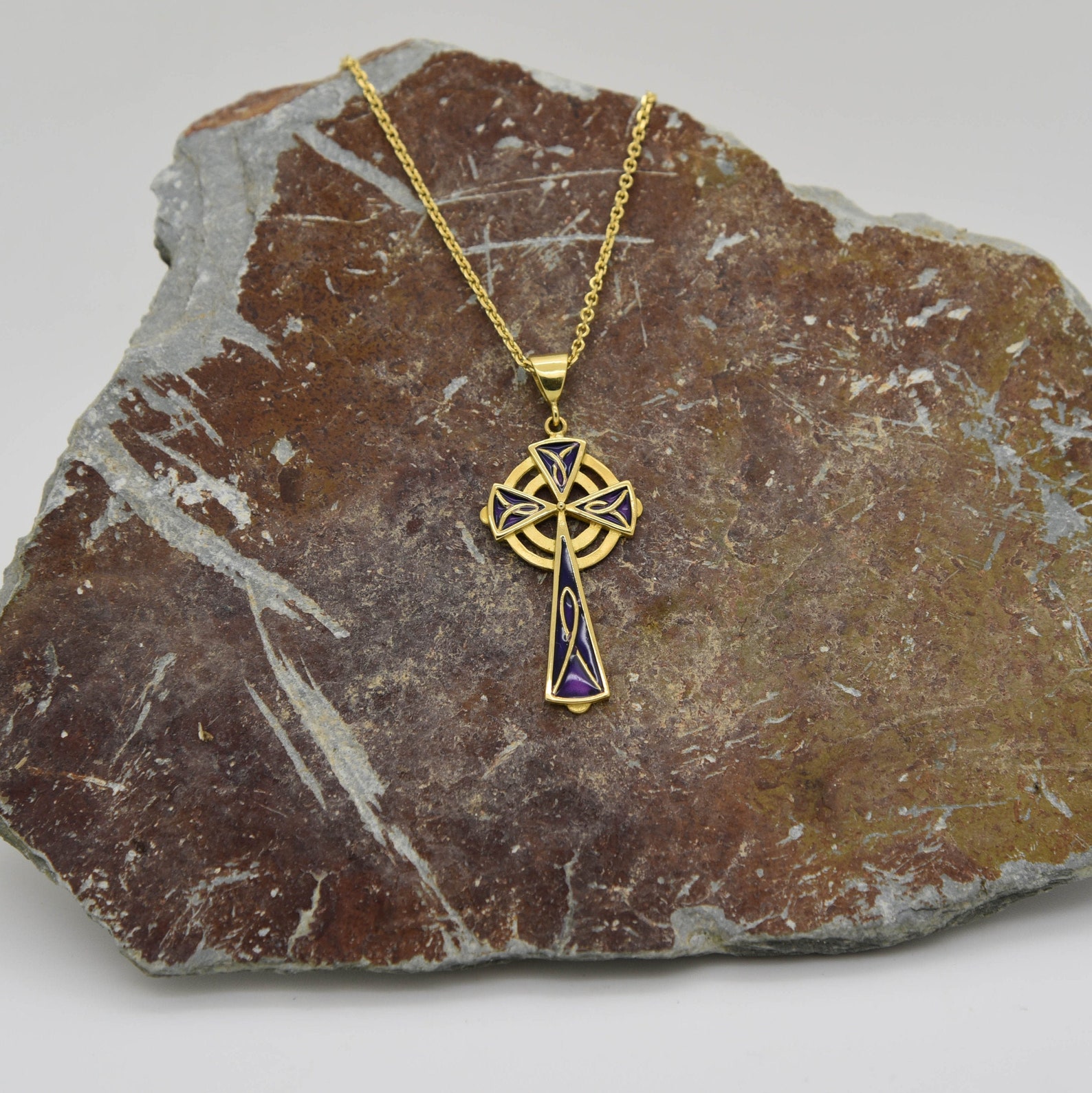 18ct Gold Cornish Celtic Cross (with Purple Enamel Inlay), Handmade by ...