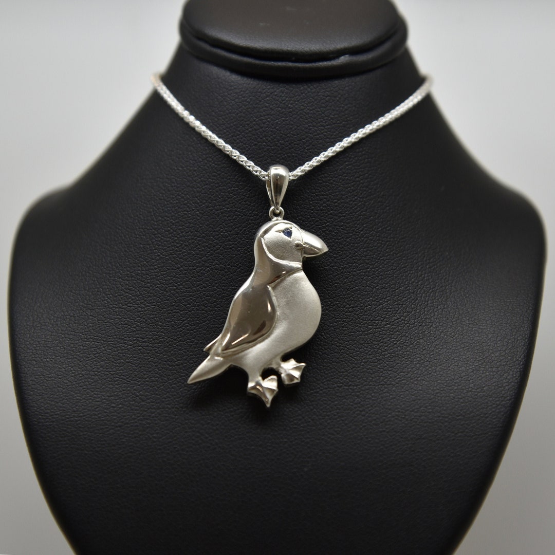 Silver & Sapphire Puffin Pendant Necklace, Cabochon Sapphire Pendants ...