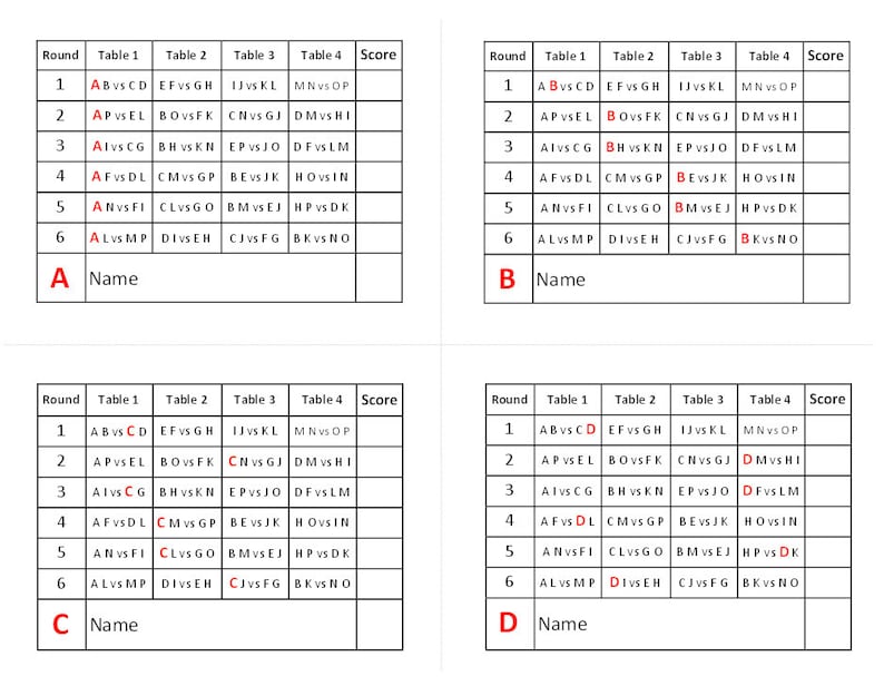 16 Player (2 Stationary Players ) 4 Table Progressive Bridge Tally ...