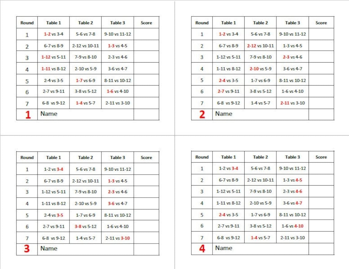 12 Player, 3 Table Progressive Bridge Tally, Rotation (digital Download ...