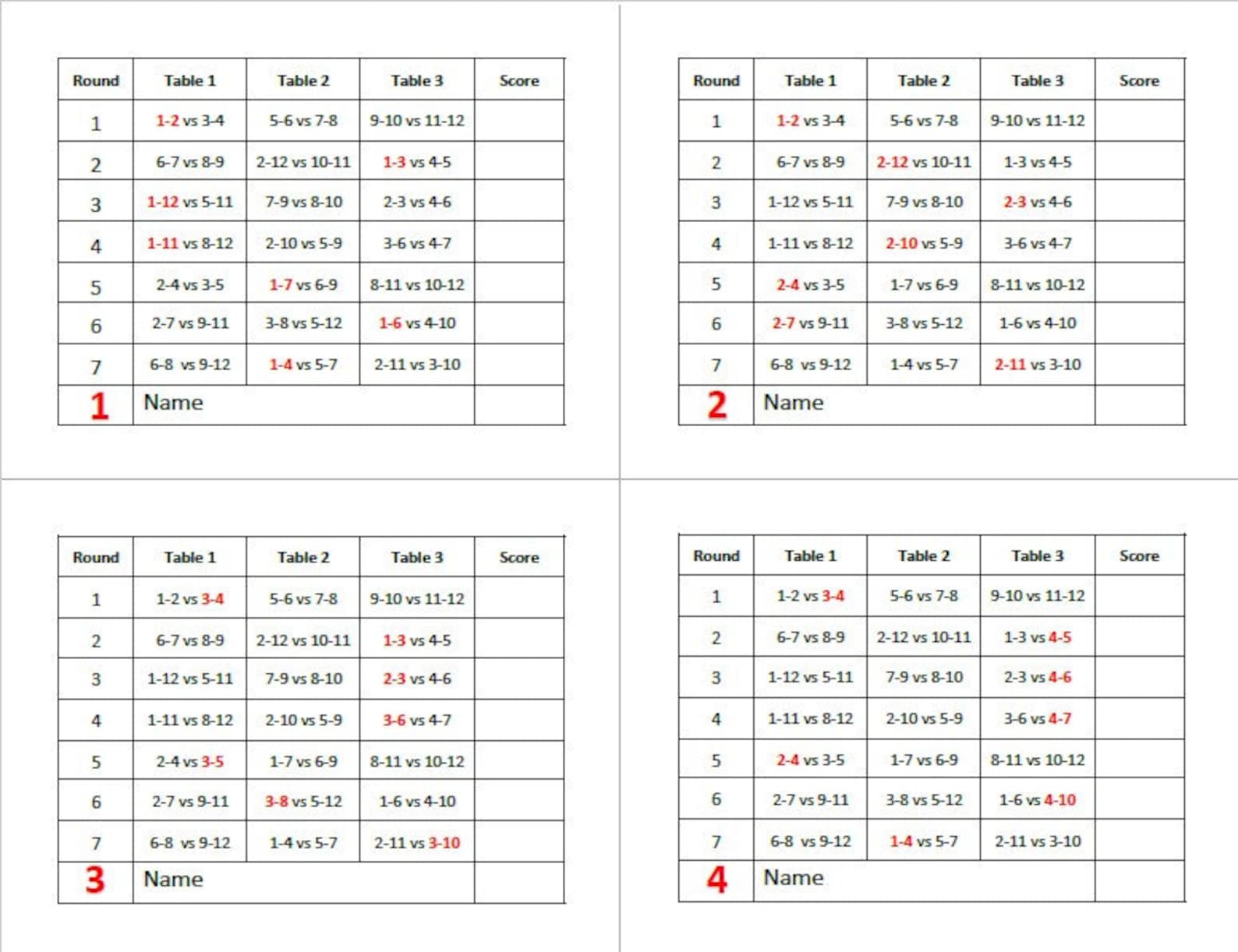 12 Player, 3 Table Progressive Bridge Tally, Rotation (digital Download ...