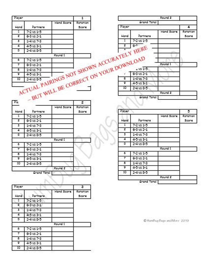 Bridge Tally for 5 Players. 5 Person Rotation at 1 table. | Etsy