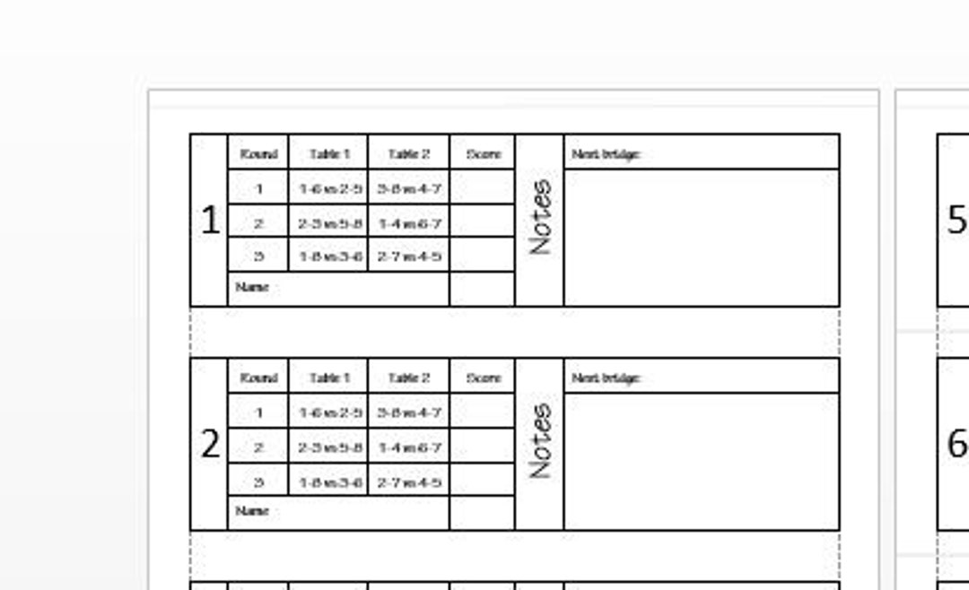 Memo Bridge Tallies / Whist / Games for 8 Players - Two Table ...