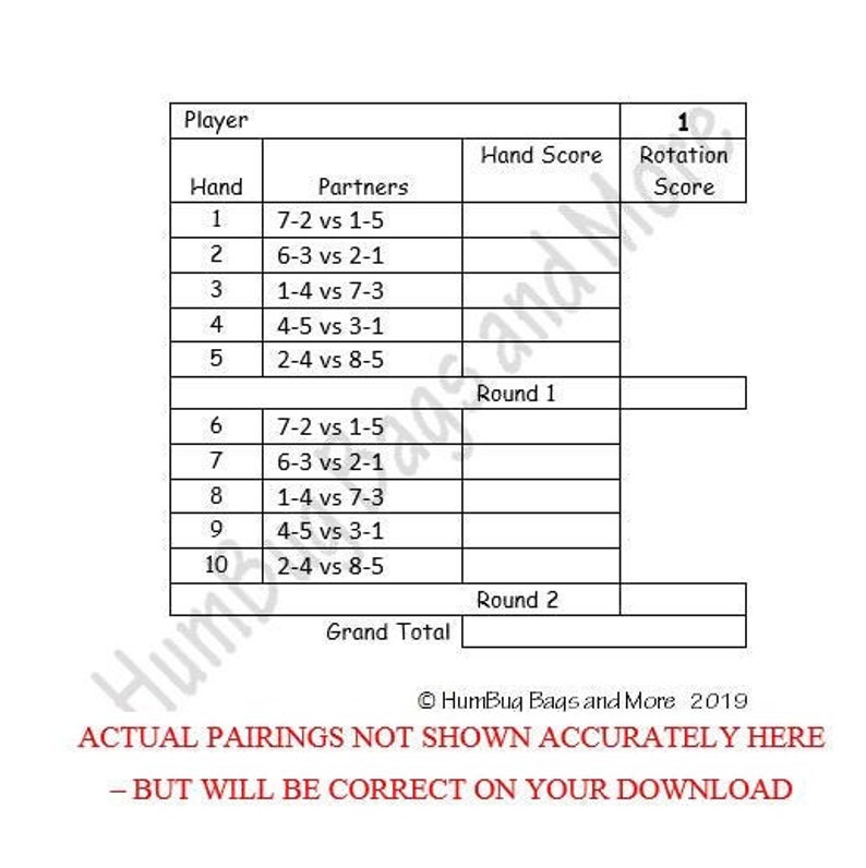 Bridge Tally for 5 Players. 5 Person Rotation at 1 table. | Etsy