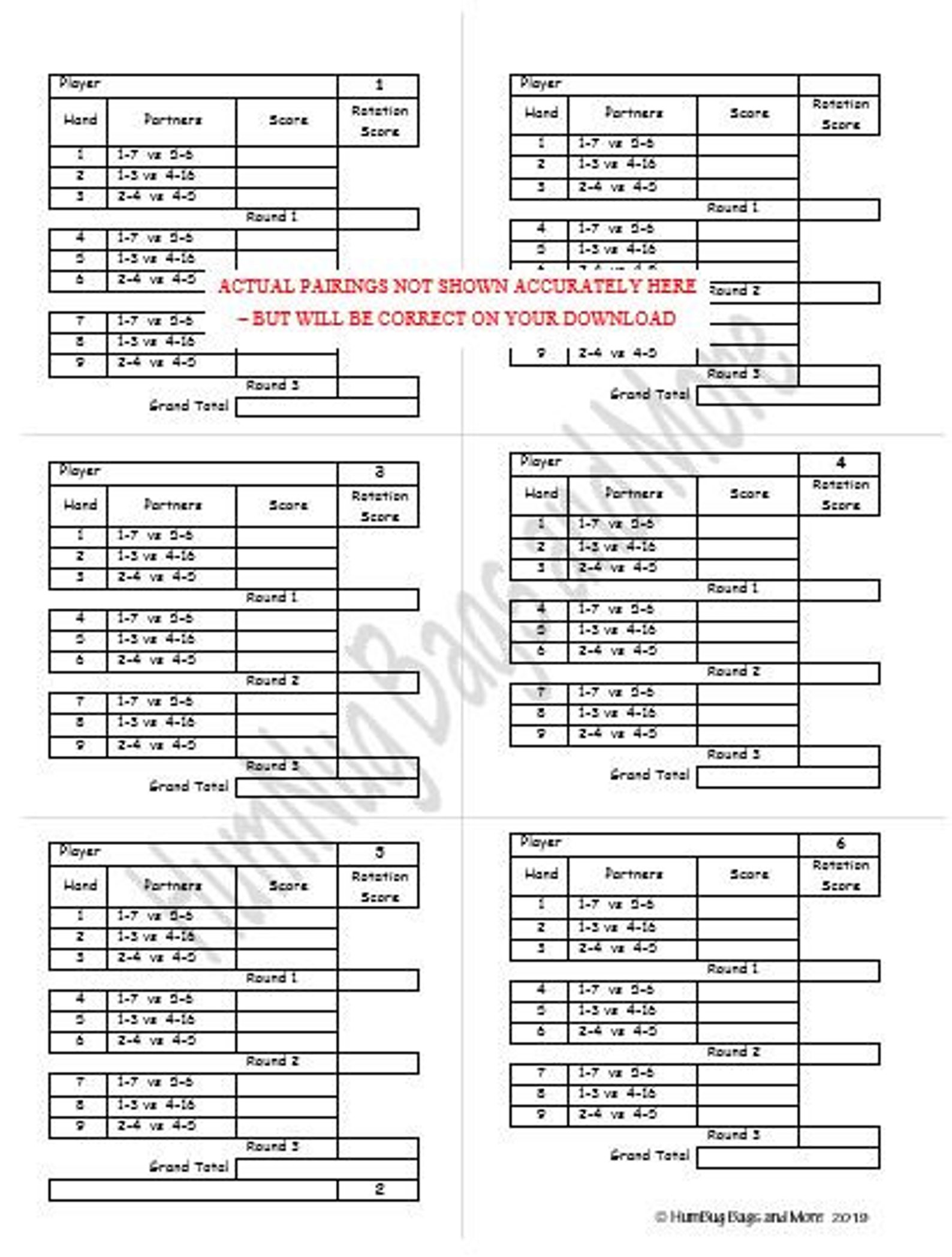 6 Player - 1 Table Bridge / Whist / Game Tallly Downloadable Bridge ...