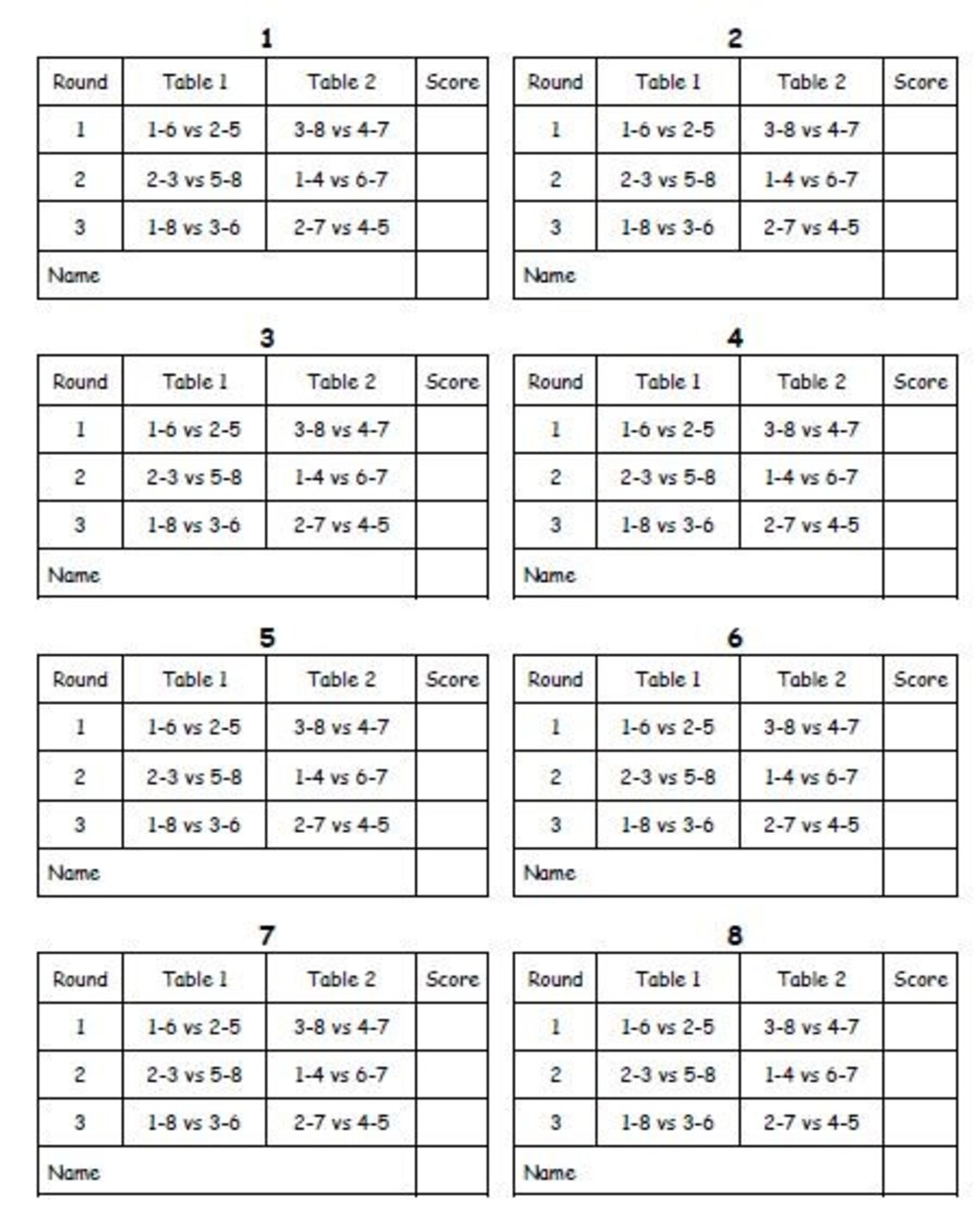 8 Player Bridge Tally Score Sheet - 1 Page Printable Game Tallies ...