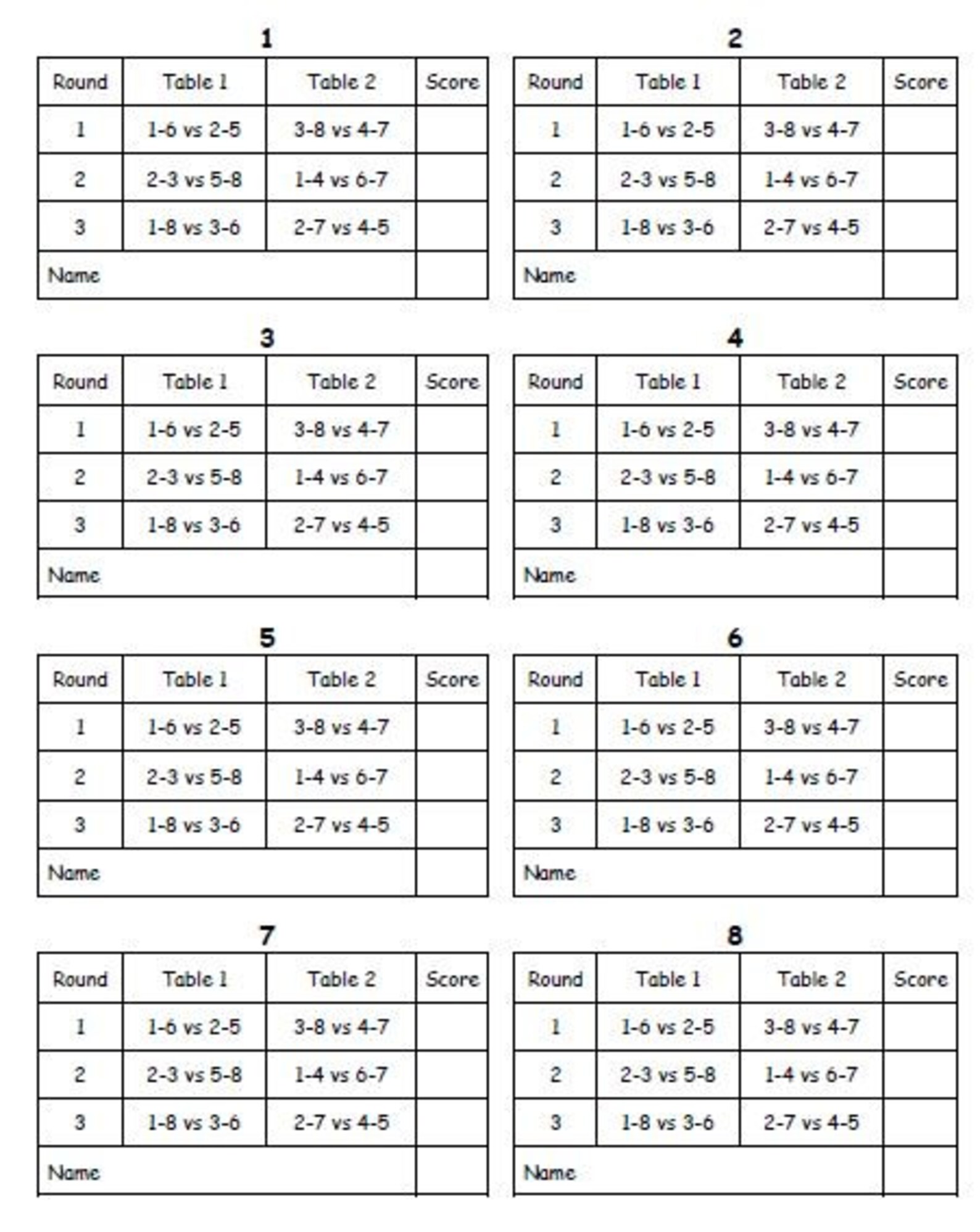 8 Player Bridge Tally Score Sheet - 1 Page Printable Game Tallies ...