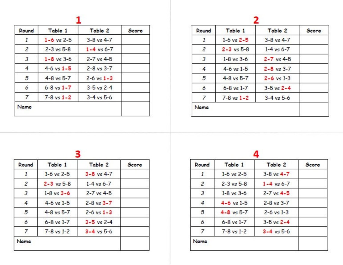 8 Player - 2 Table / 7 Rounds Progressive Bridge / Whist / Game Tallies ...