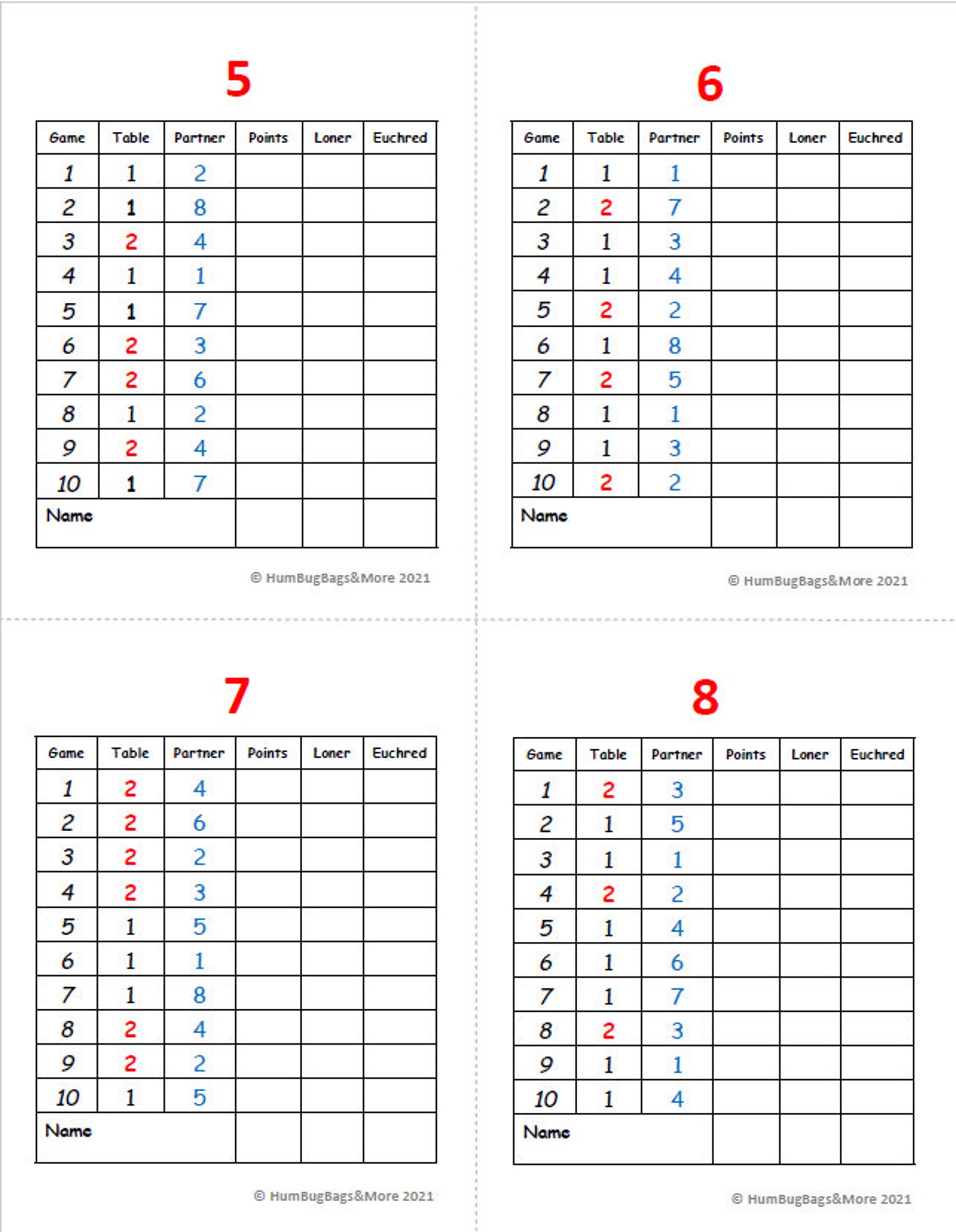 Euchre Individual Score Cards, 2 Table/8 Person/10 Round, Progressive ...