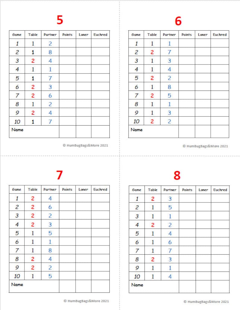 Euchre Individual Score Cards, 2 Table/8 Person/10 Round, Progressive ...