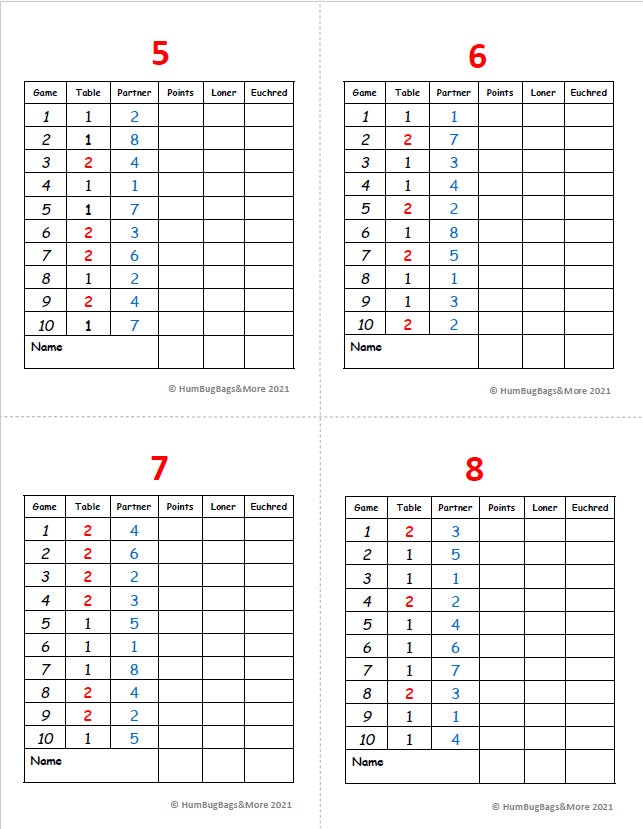Euchre Individual Score Cards, 2 Table/8 Person/10 Round, Progressive ...