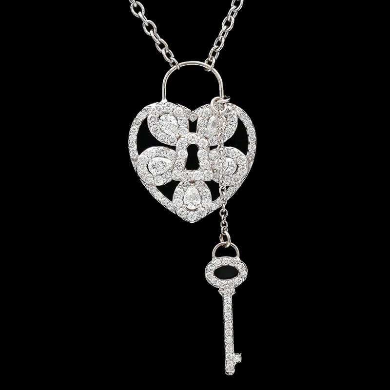 14k White Gold Heart Locket and Key Diamond Necklace - Etsy