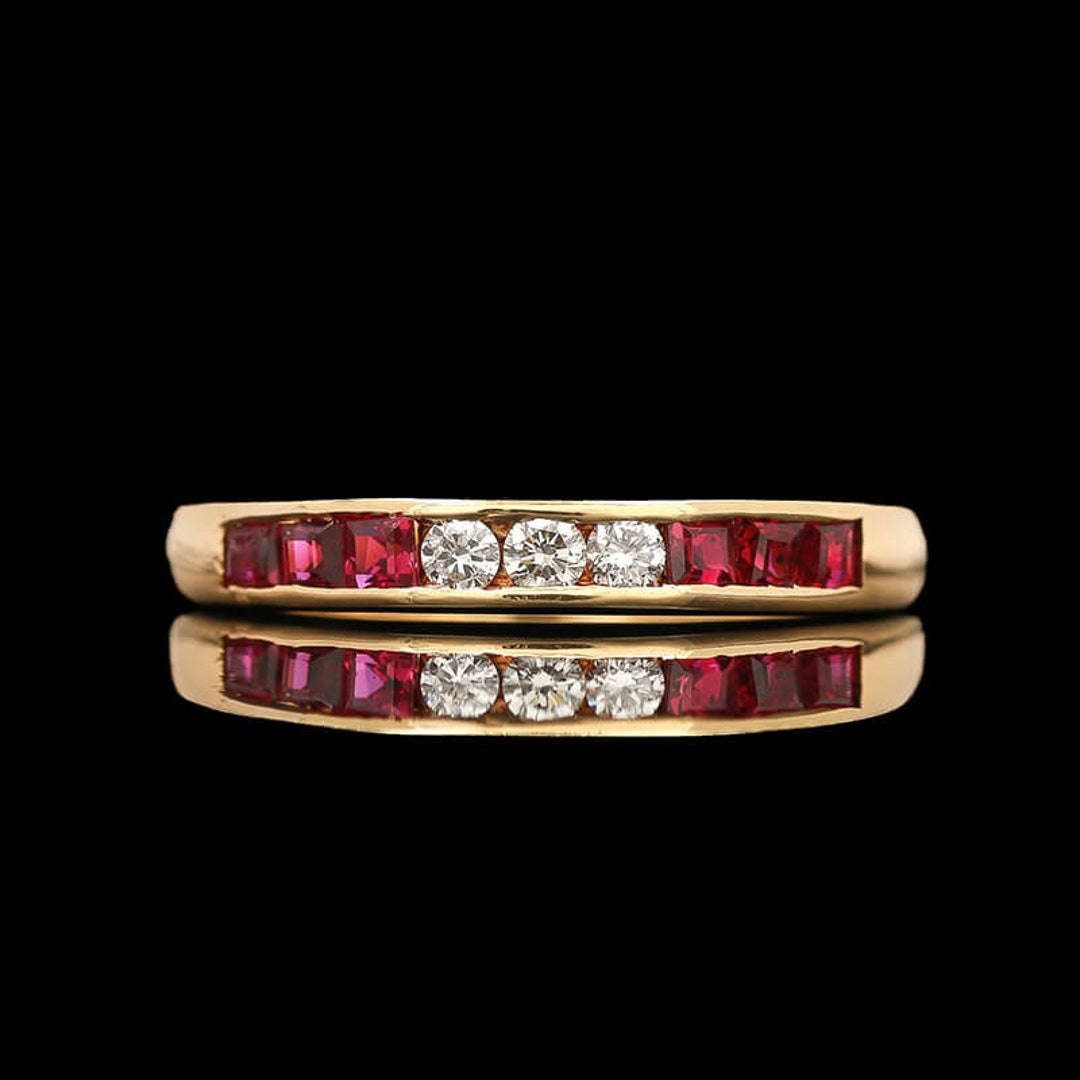 14k Yellow Gold Channel Set Ruby & Diamond Band - Etsy