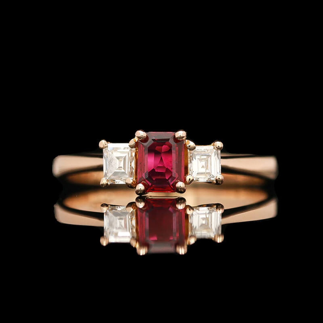 14k Yellow Gold Asscher Cut Ruby & Diamond 3-stone Ring - Etsy