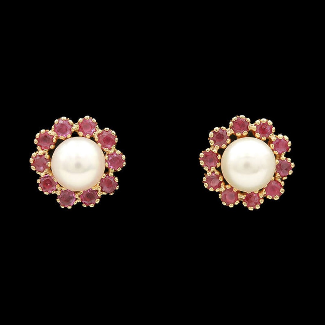 14k Yellow Gold Pearl & Ruby Halo Stud Earrings - Etsy