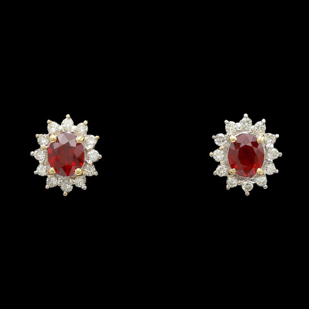 18k Yellow Gold Ruby & Diamond Halo Stud Earrings - Etsy