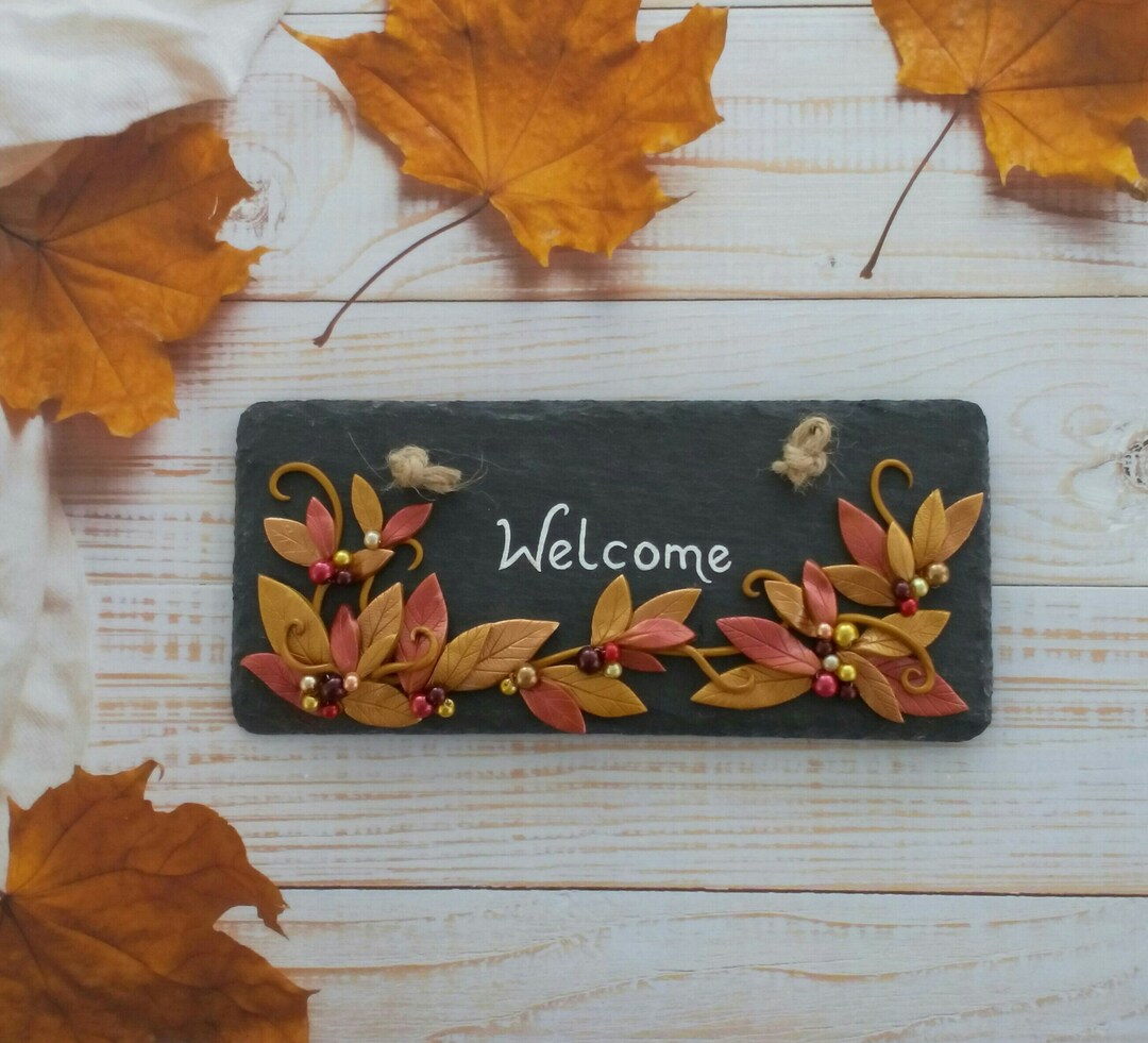 Autumn Welcome Sign, Slate Welcome Sign With Autumn Leaves ...