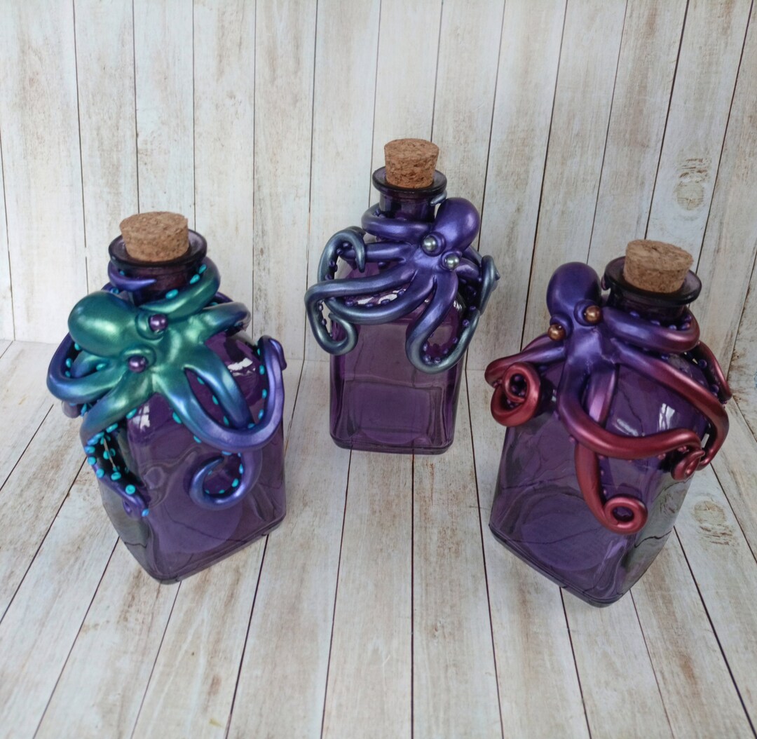 Octopus on Bottle Ornament, Octopus on Glass, Purple Octopus Sculpture ...