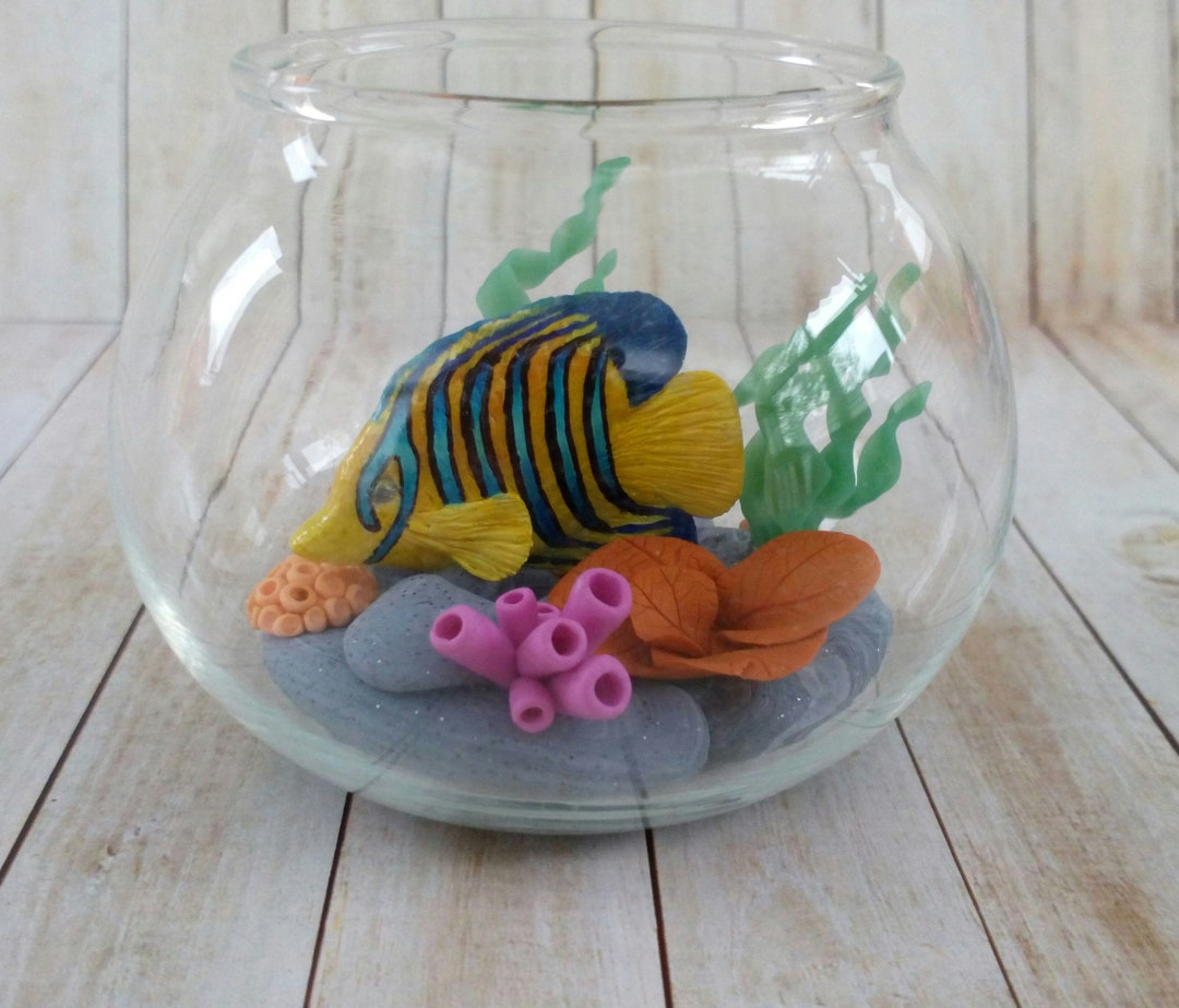 Angel Fish Sculpture in Fish Bowl, Polymer Clay Fish Ornament, Coral ...