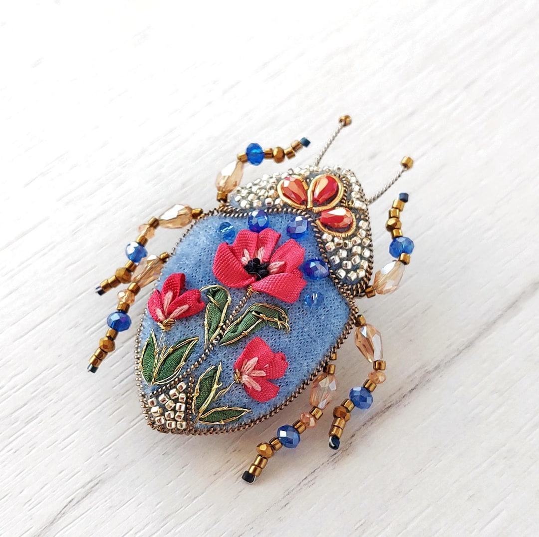 Beetle Brooch Stag Bug Pin Insect Jewelry Birth Flower Gift for Nature ...