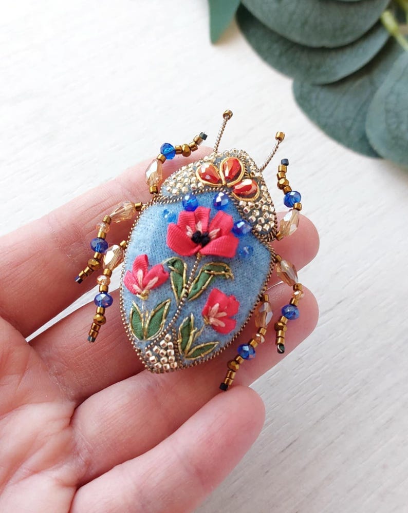 Beetle Brooch Stag Bug Pin Insect Jewelry Birth Flower Gift for Nature ...