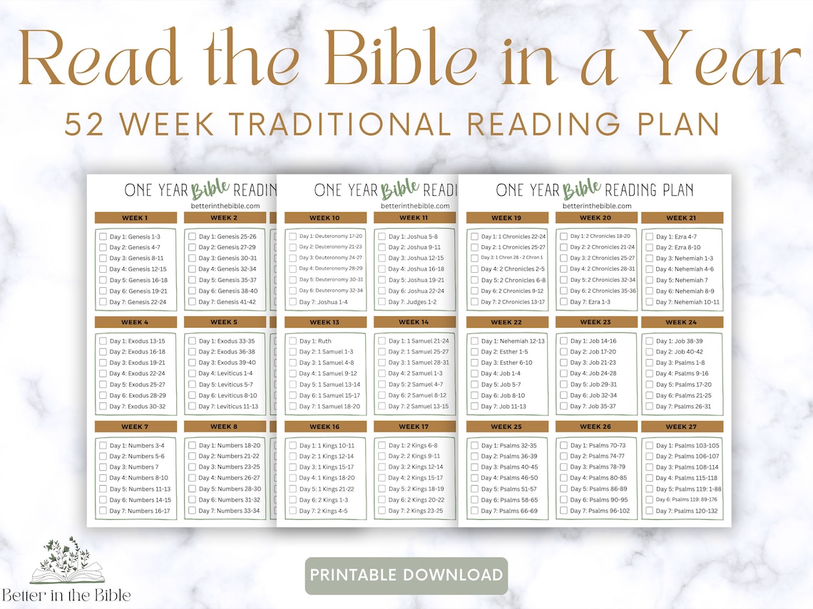 Read the Bible in a Year Chart, Traditional Bible Reading Plan ...