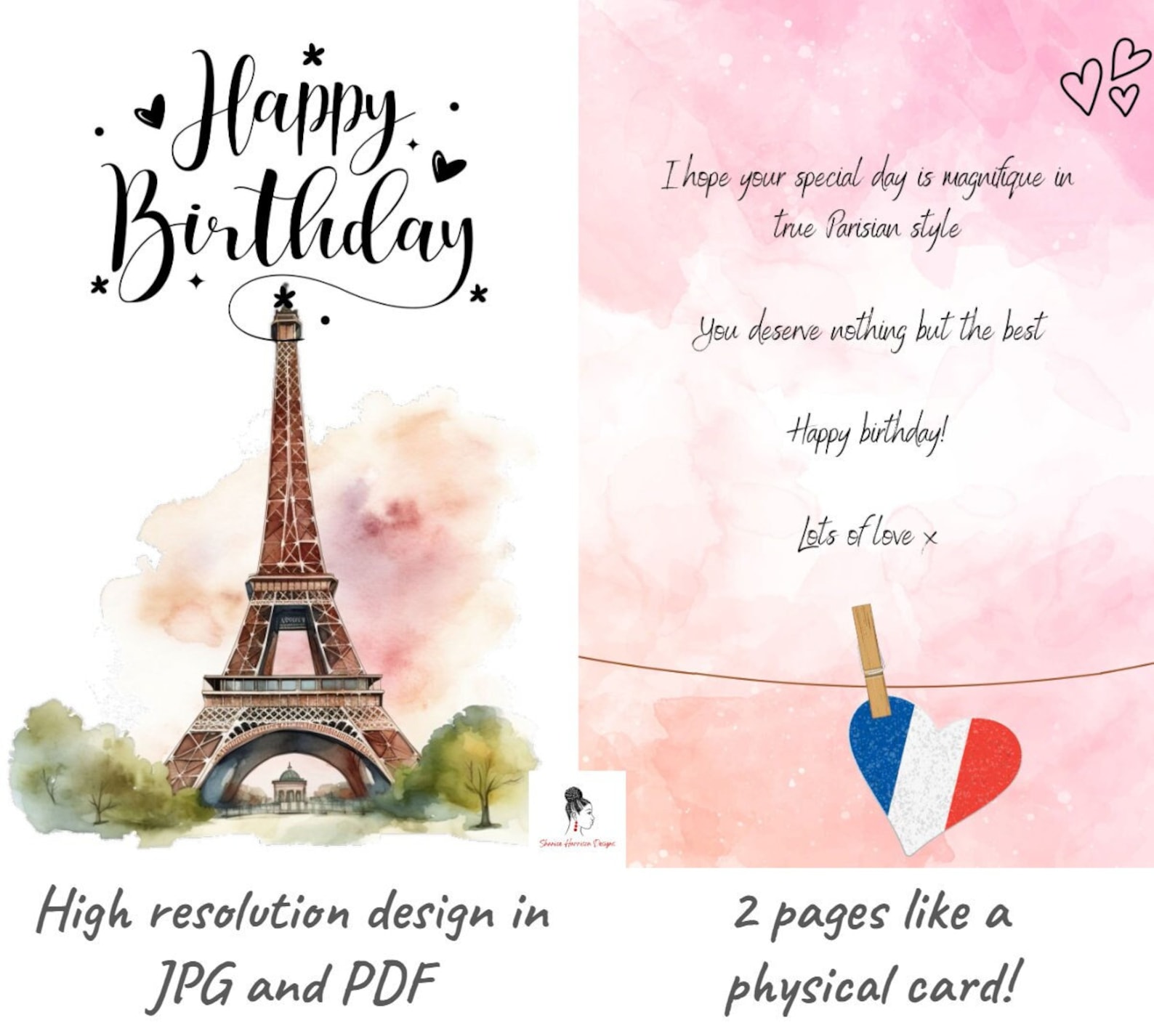 Paris Eiffel Tower Hearts Happy Birthday Digital Printable Greeting ...