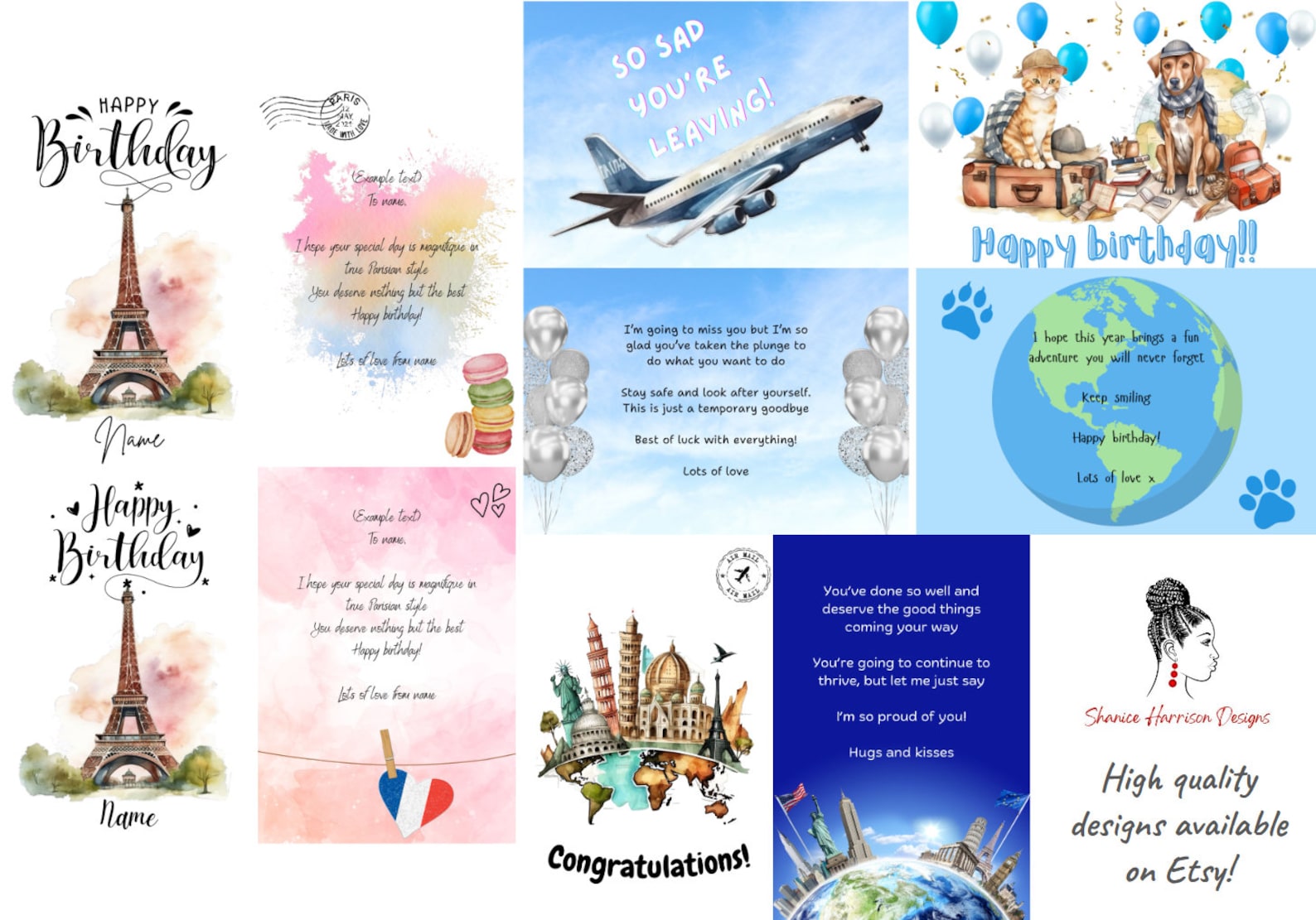 Paris Eiffel Tower Hearts Happy Birthday Digital Printable Greeting ...