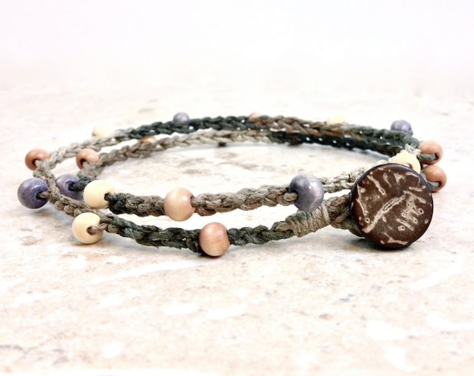 Wrap Boho Hemp Anklet or Bracelet, Crocheted With Wood Beads on Ombre ...