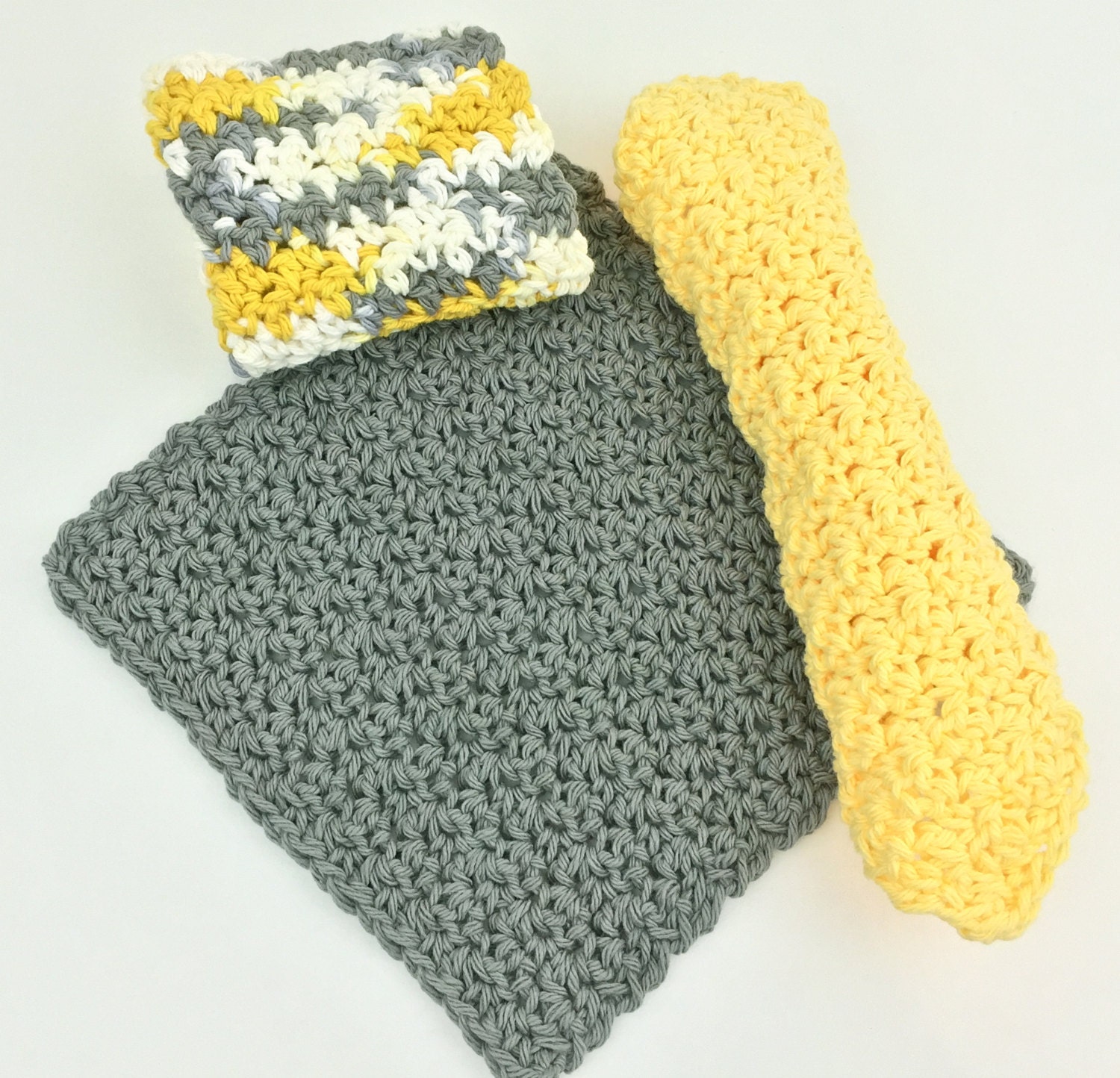 Cotton Dishcloths Yellow Grey Washcloths Handmade Dishcloths Crochet ...